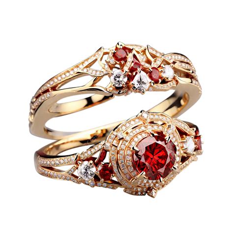 Classy Double Gold Color Wedding Rings Studded With Red Diamonds In The