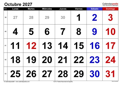 Calendario Octubre 2027 10 Plantillas Word Editables