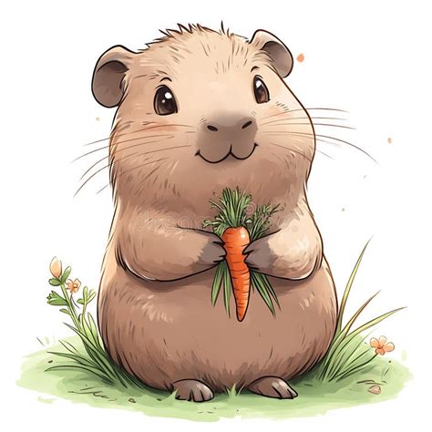 Chibi Capybara Holding A Tiny Carrot While Sitting Stock Illustration