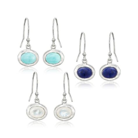 Multi Gemstone Jewelry Set Three Pairs Of Drop Earrings In Sterling