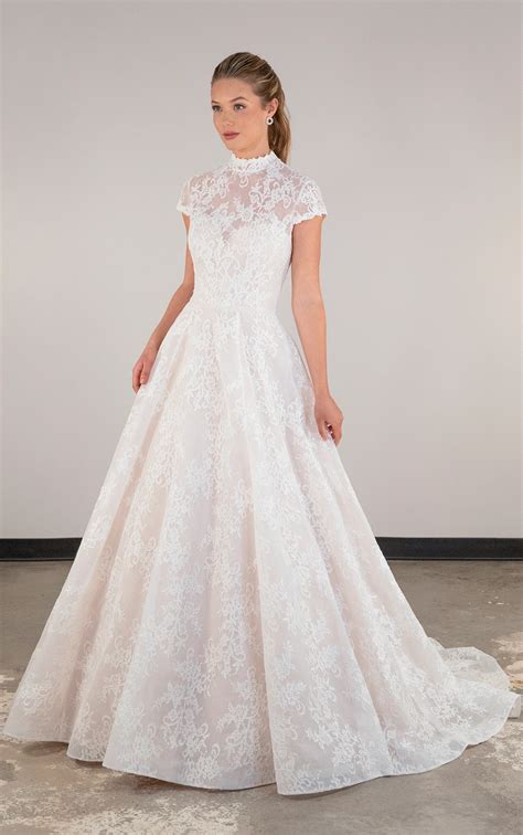 Cap Sleeve Lace Wedding Gown With High Mock Neckline