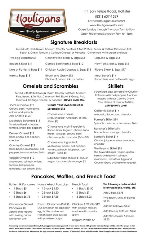 Houligans Menu Prices