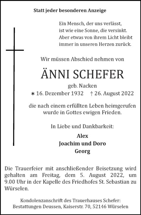 Traueranzeigen Von Änni Schefer Aachen Gedenkt
