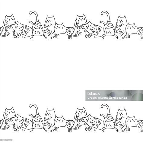 Cats Seamless Border Hand Drawn Black And White Pattern Stock