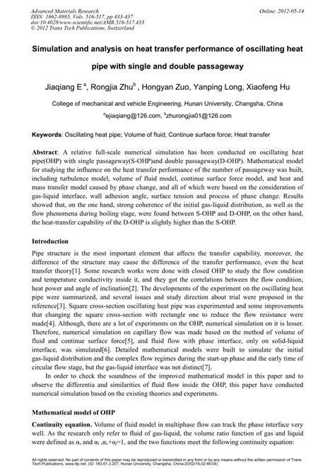 Pdf Simulation And Analysis On Heat Transfer Performance Of Oscillating Heat Pipe With Single