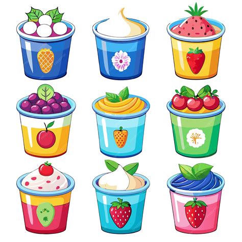 Premium Vector Nine Cartoon Yogurt Cups With Different Fruit Toppings