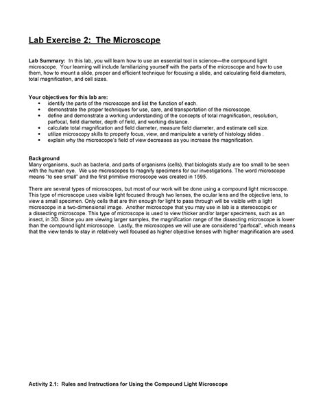 Lab 2 The Microscope Worksheet Lab Exercise 2 The Microscope Lab