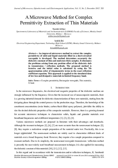 Pdf A Microwave Method For Complex Permittivity Extraction Of Thin Materials