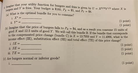 Solved 6 Imagine That Your Utility Function For Burgers And