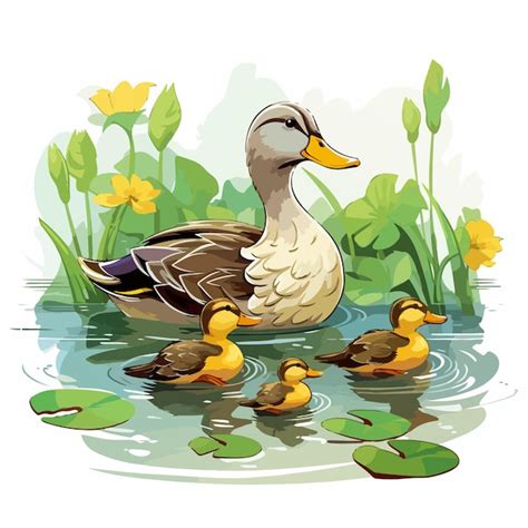 Mother Duck With Ducklings Swimming In Pond Premium Ai Generated Vector