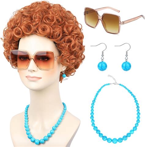 Amzcos Women Red Orange Costume Wig With Glasses Necklace