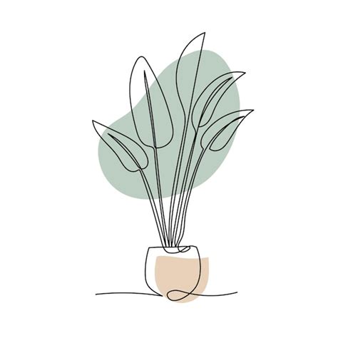 냄비 라인 아트에 식물 윤곽 그리기 미니멀리즘 예술 프리미엄 벡터