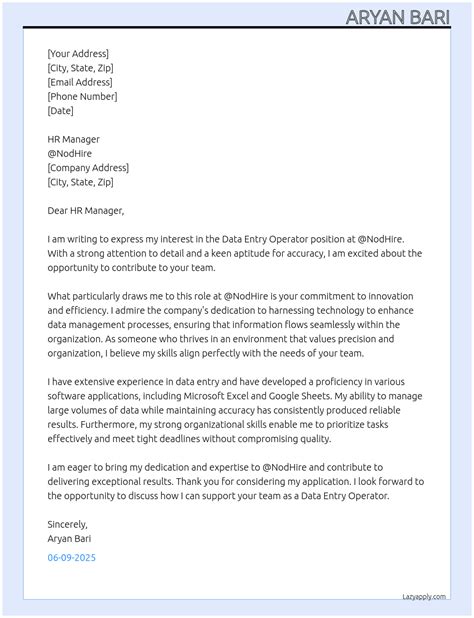 Cover Letter For Data Entry Operator Lazyapply