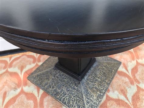 Black Round Table On A Leg Covered With Pressed Brass Sheet 1920s For