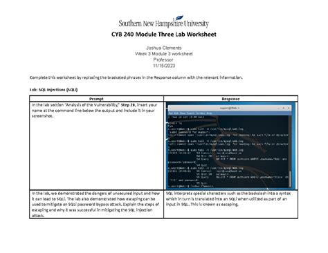 Cyb 240 Module 3 2 Sql Injection And Session Stealing Lab Worksheet Studocu