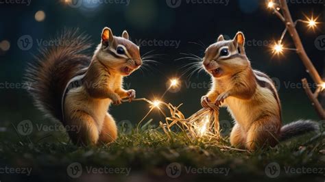 Two Chipmunks Playfully Interact With Twinkling Lights In A Nighttime Setting 55013119 Stock
