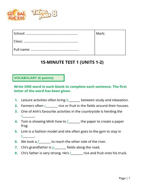 15 Minute Test 1 Semester 1 Pdf