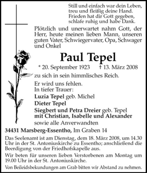 Traueranzeigen Von Paul Tepel Trauer In Nrwde