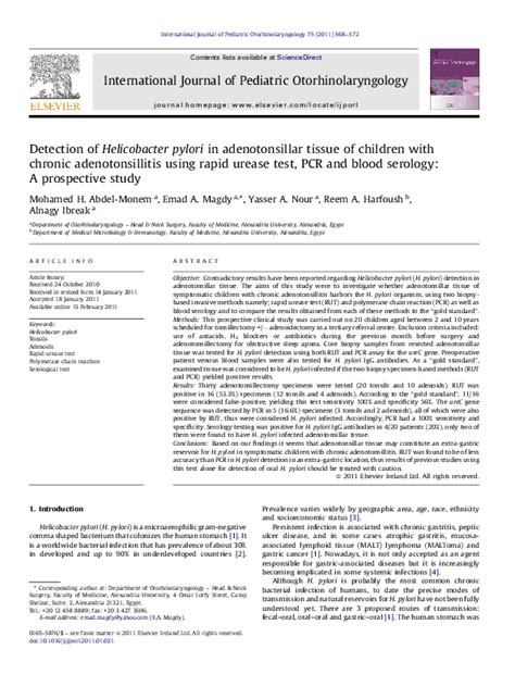 Pdf Detection Of Helicobacter Pylori In Adenotonsillar Tissue Of