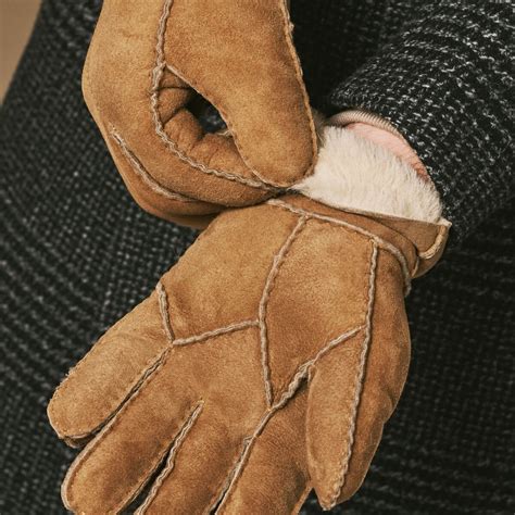 Suede Sheepskin Gloves Men Camel Sheep Fur Lined Schwartz And Von