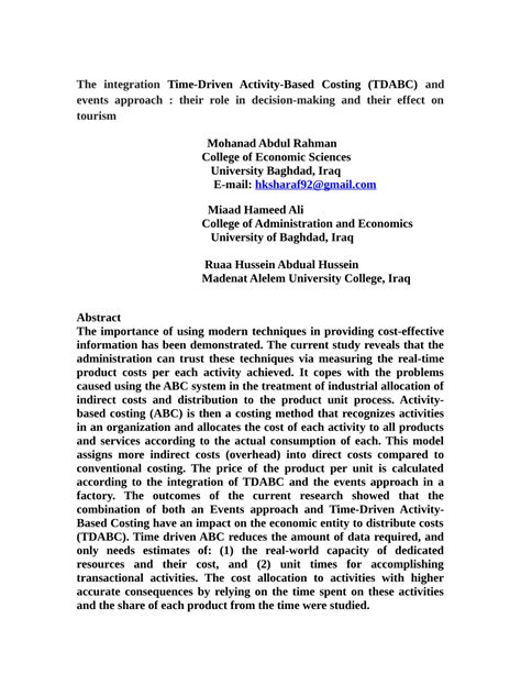 Pdf The Integration Time Driven Activity Based Costing Tdabc And Events Approach Their