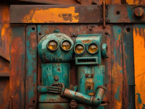 Rusty Robots Hugging Showing Love In Industrial Setting Stock Image