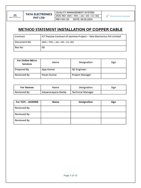 method statement itp check list flow chart copper cable