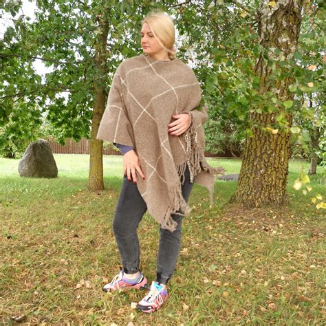 Beige Wool Blanket Poncho With Hood Fluffy Hooded Cape Ruana With