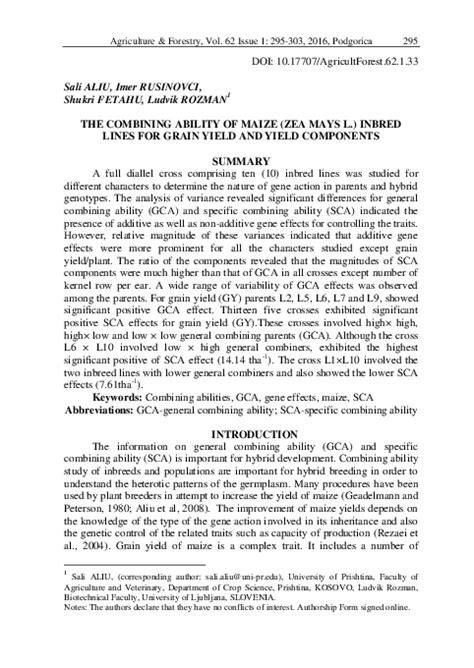 Pdf The Combining Ability Of Maize Zea Mays L Inbred Lines For