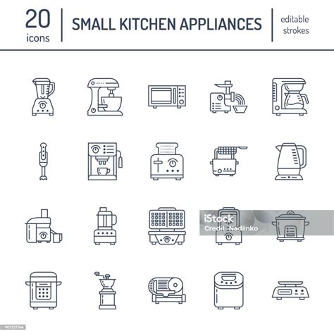 주방 소형 가전 라인 아이콘입니다 가정 요리 도구를 표시 합니다 음식 준비 장비믹서 기 커피 기계 전자 레인지 토스터기 고기 분쇄기 전자 제품이 게에 대 한 얇은 선형