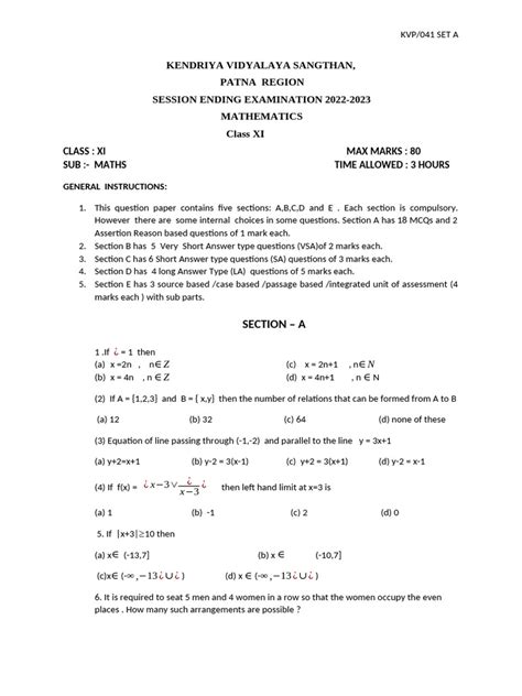 Class Xi Que Paper Session Ending Exam 22 23 Pdf Mathematics