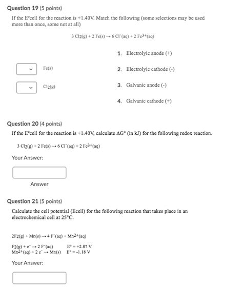 Solved Question 19 5 Points If The Eºcell For The Reaction