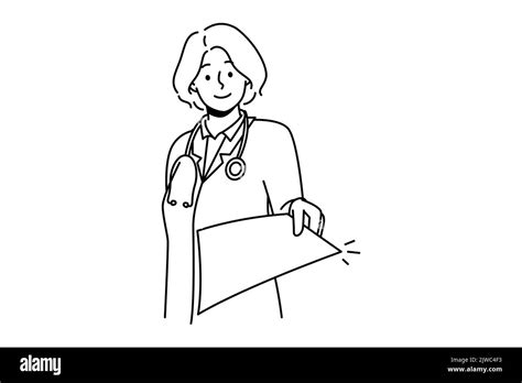 Smiling Female Doctor In Medical Uniform Give Paperwork From Hospital Happy Woman Nurse Or Gp
