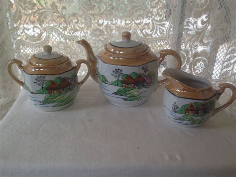 Copper Luster Tea Set Lusterware Japanese China Teapot Sugar Bowl