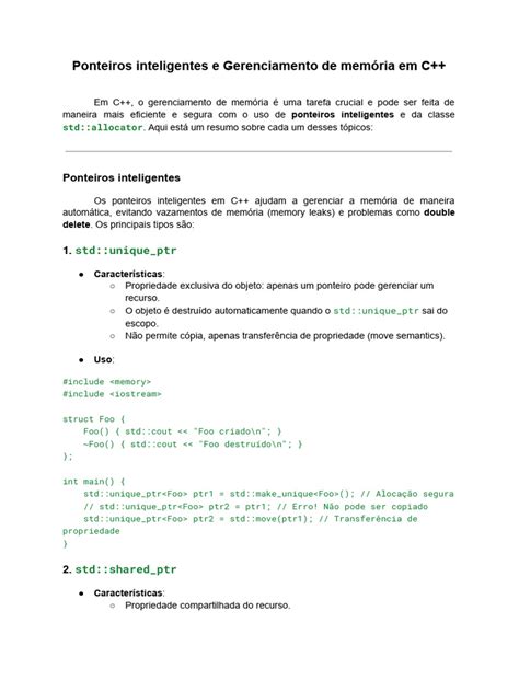 Ponteiros Inteligentes E Gerenciamento De Memória Em C Pdf Ponteiro Programação De