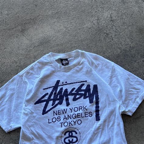 Vintage White Stüssy New York Los Angeles Tokyo Depop