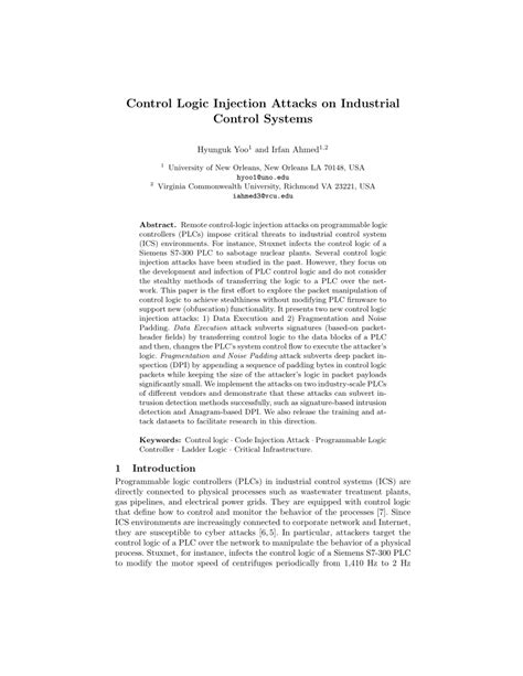 Pdf Control Logic Injection Attacks On Industrial Control Systems