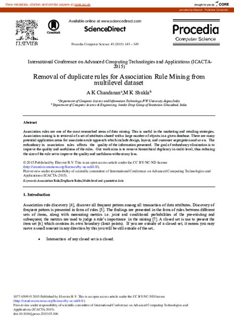 Pdf Removal Of Duplicate Rules For Association Rule Mining From Multilevel Dataset