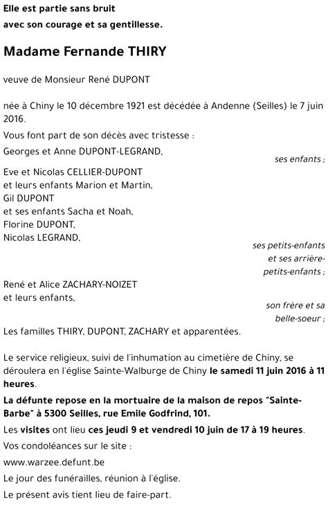 Avis De Décès De Fernande Thiry Décédé Le 07 06 2016 à Seilles Annonce Condoléances Fleurs