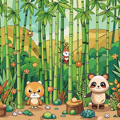 Premium Vector A Cartoon Illustration Of A Bamboo Forest With Pandas