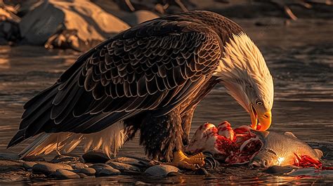 A Bald Eagle Eating Salmon On A River Bank Background Bald Eagle