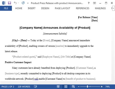 Product Press Release With Product Announcement Template For Word