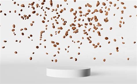 빈 무광택 연단 흰색 배경 3d 렌더링에 떨어지는 커피 원두 제품 컵 파우치 백 데모를 위한 장소 커피 콩에 대한 스톡 사진 및 기타 이미지 Istock