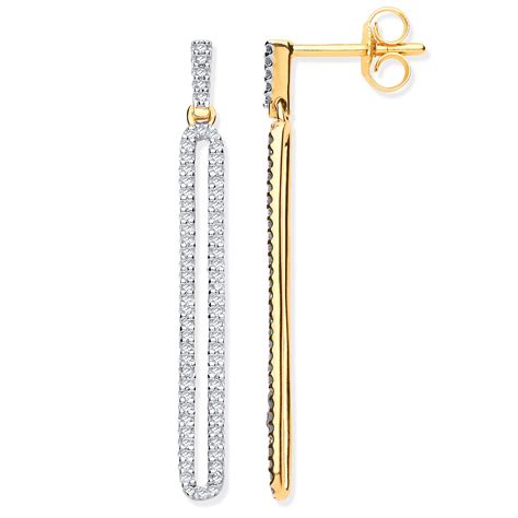 9ct Yellow Gold Long Loop Drop 025ct Diamond Earrings 33 Mm