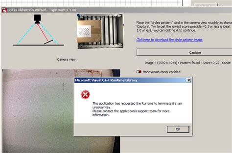 Runtime Termination During Camera Calibration Cameras Lightburn