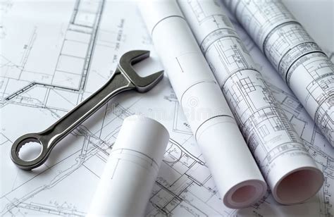 Engineering Blueprints Rolled Architectural Plans With Wrench