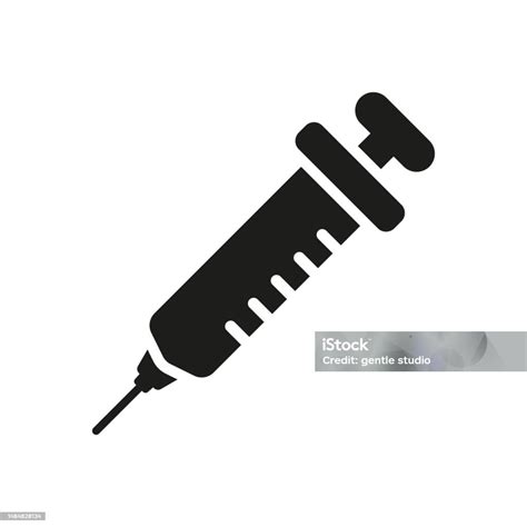 바늘 실루엣 아이콘이 있는 주사기 의료용 인젝터 글리프 픽토그램 백신 주사 아이콘입니다 예방 접종 독감 질병 징후 예방 접종 의료 장비 격리된 벡터 그림 독감 예방접종에