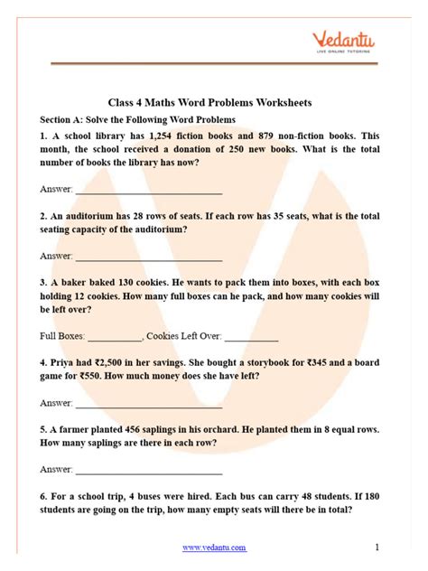 Class 4 Maths Word Problems Worksheets Pdf