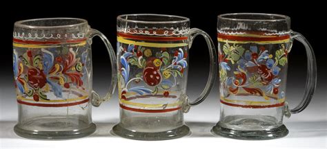 Free Blown And Decorated Stiegel Type Tankard Mugs Lot Of Three Sold