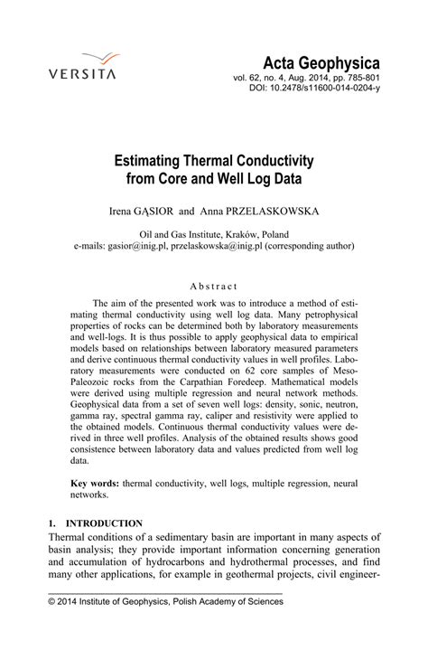 Pdf Estimating Thermal Conductivity From Core And Well Log Data